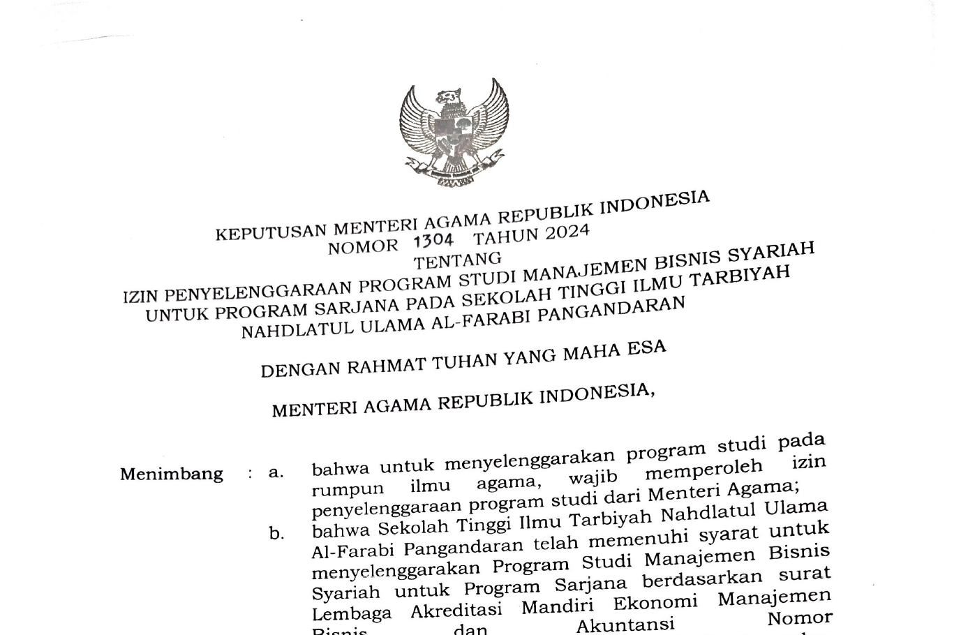 DITJEN PENDIS KEMENAG RI Resmi Sahkan Prodi MBS STITNU Al-Farabi ...